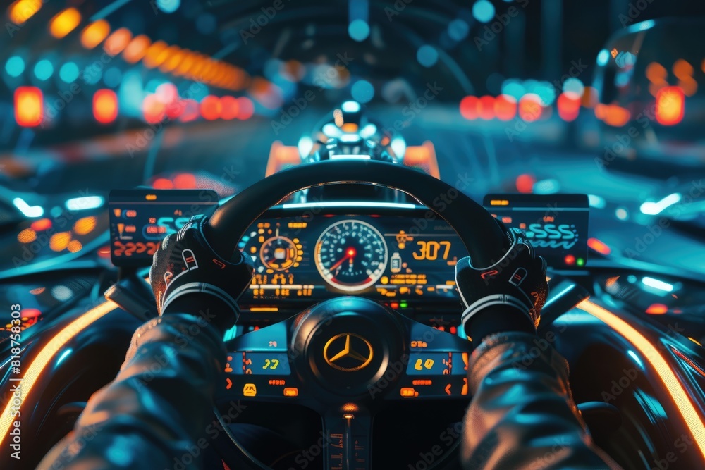 Foto Stock Professional racing car driver driving surrounded with panel ...