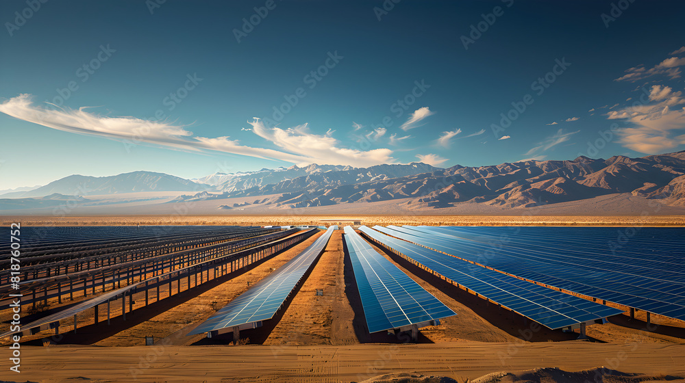 Infinite esplanade of photovoltaic panels, with the mountain on the ...