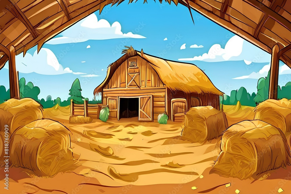 Farm-themed cartoon barn design featuring straw bales and hay piles ...