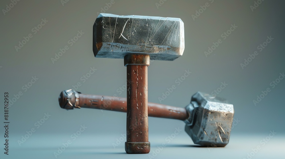 3D rendering of two old and heavy war hammers with wooden handles. The ...