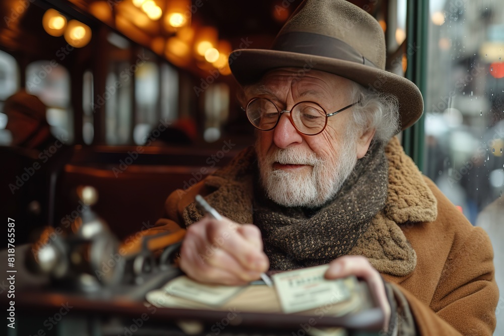 An antique ticket conductor meticulously punching tickets for ...