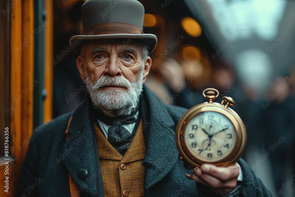 An old-fashioned train conductor in a vintage uniform, holding a pocket ...