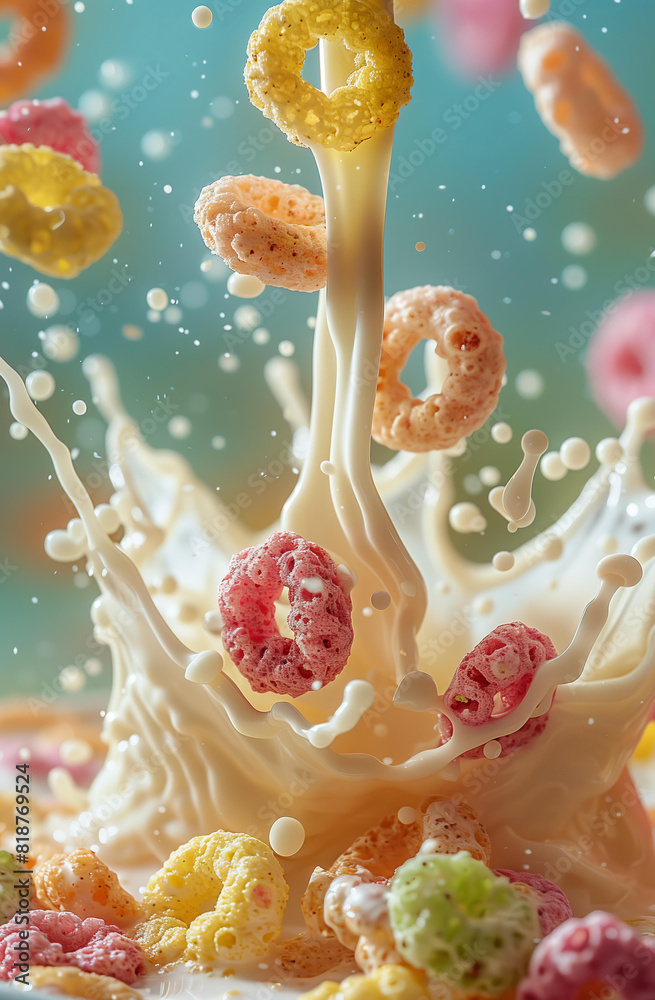 Cereals, fruit loops, milk pouring into a bowl, colorful background ...