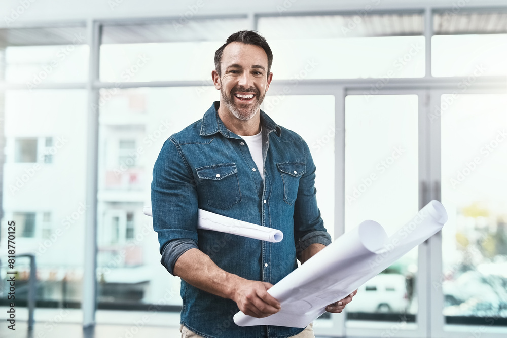 Architect, man and portrait by reading blueprint for design of building ...