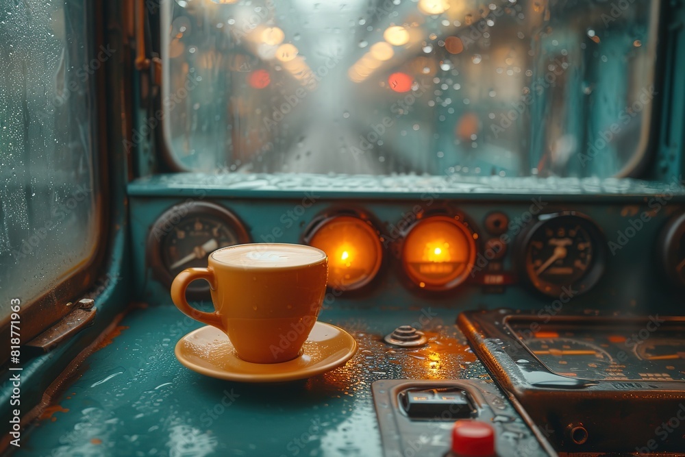 Train Operator's Coffee Cup on Dashboard A coffee cup placed on the ...