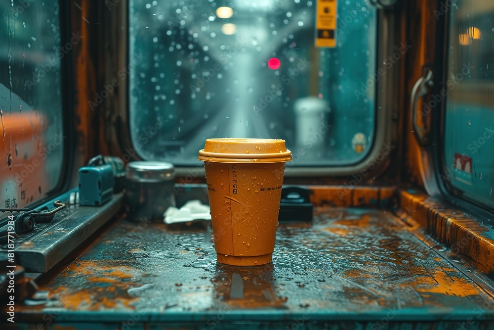 Train Operator's Coffee Cup on Dashboard A coffee cup placed on the ...
