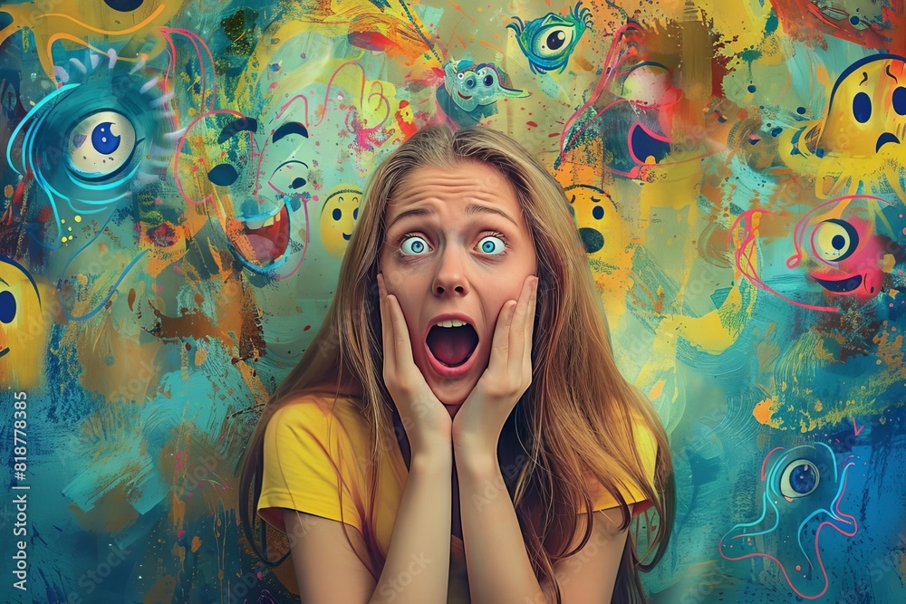 creative montage collage amazed girl point frustrated reaction ...