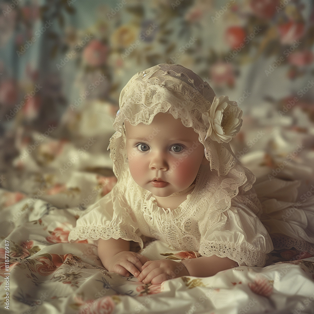 A baby girl in an elegant Victorian dress and bonnet, posing on soft ...