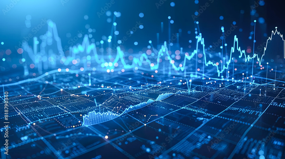 3D rendering of abstract digital landscape with polygonal shape and ...