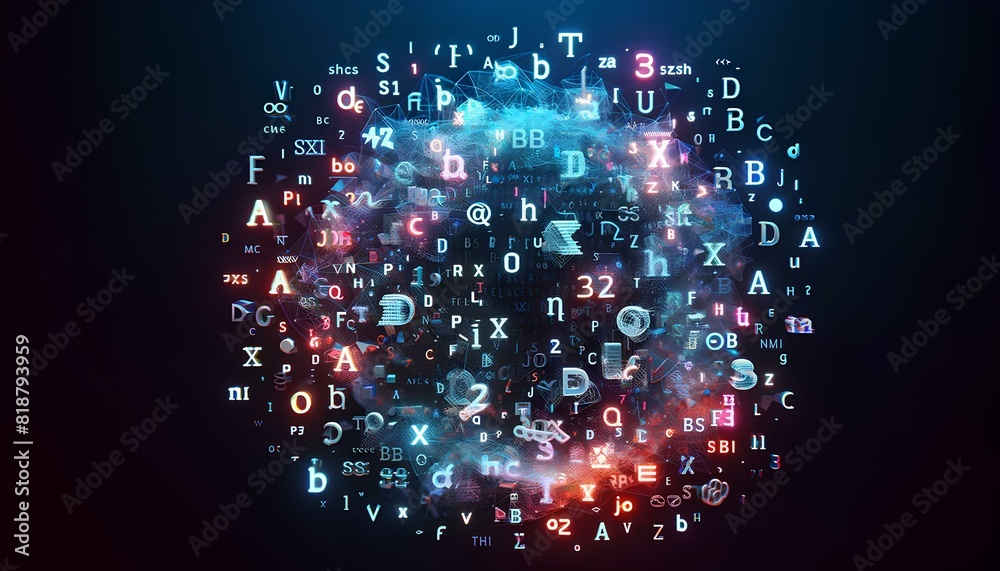 A hologram of letters and symbols floating in mid-air, changing shapes ...