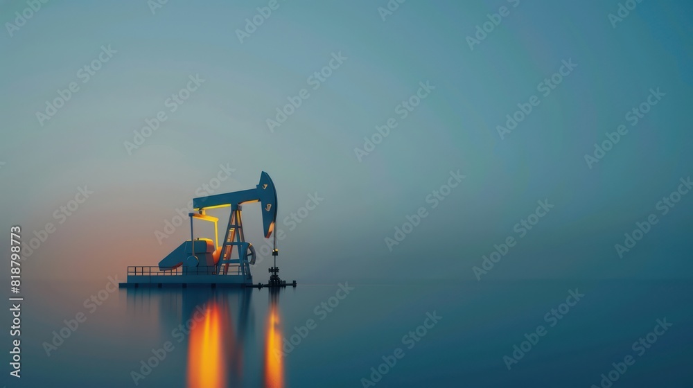 A serene image presenting an offshore oil rig with a reflective orange ...