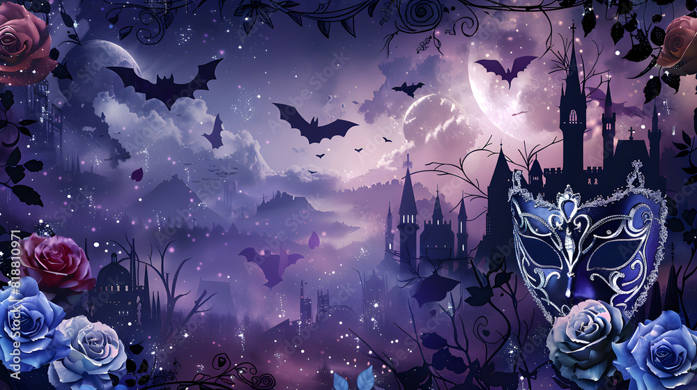 gothic masquerade purple and black background with rose silhouette of ...