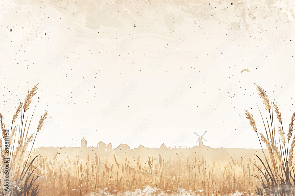Rural landscape with windmill and village. Farm and wheat field with ...