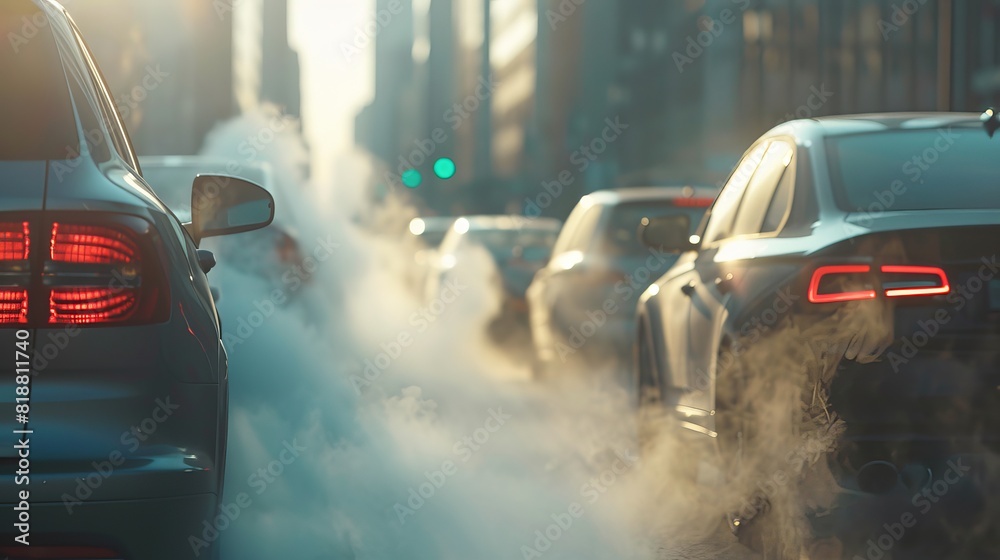 Air pollution from car exhaust smoke in city traffic, focusing on ...