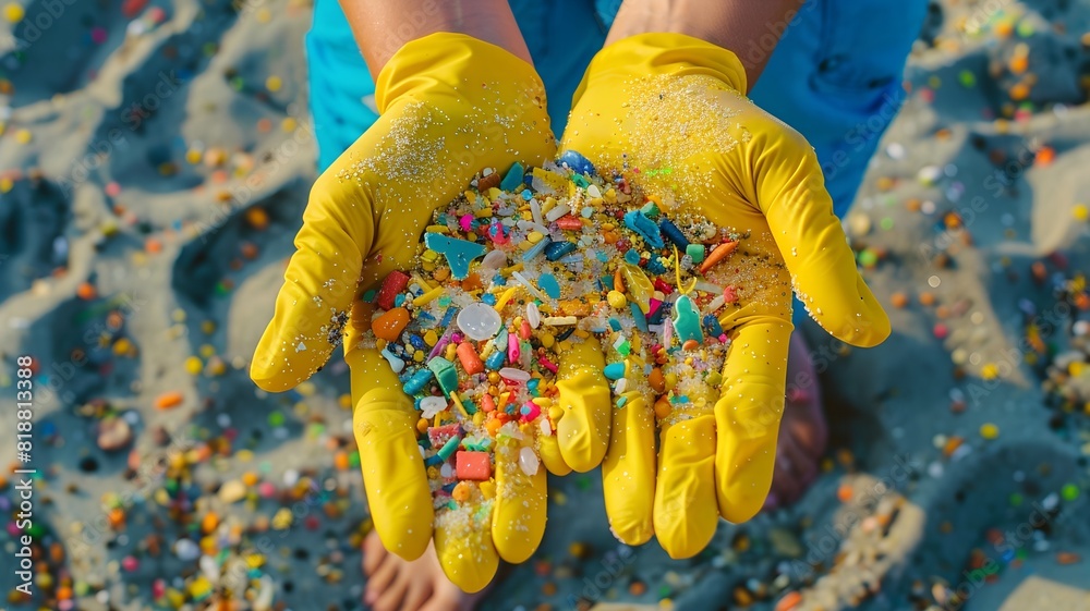 Hands in yellow gloves pick up colourful microplastic fragments from a ...