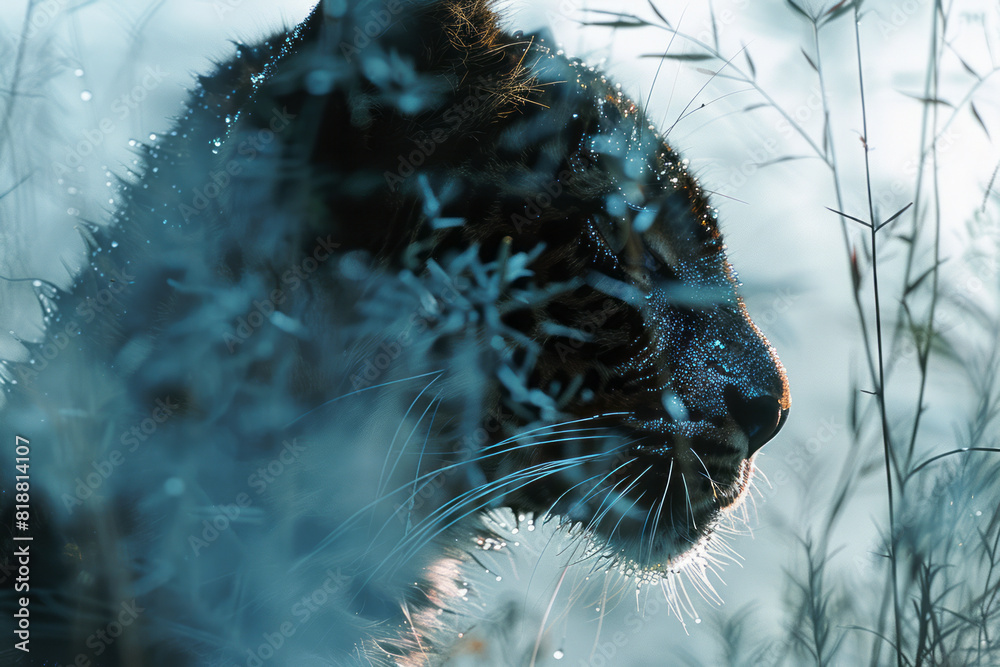 Artistic portrayal of a leopard with a fragmented silhouette, pieces ...