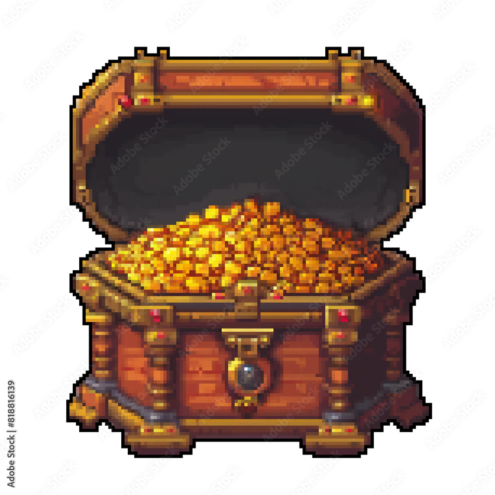 Open Pixel Art Treasure Chest Overflowing with Gold Coins - Retro 8-Bit ...