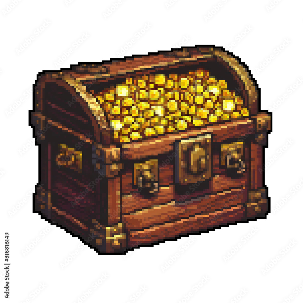 Open Pixel Art Treasure Chest Overflowing with Gold Coins - Retro 8-Bit ...