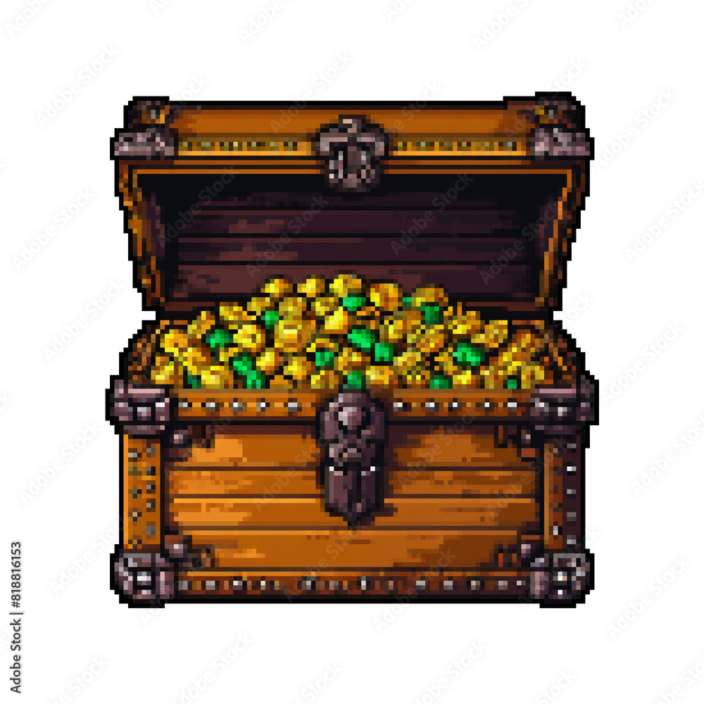 Open Pixel Art Treasure Chest Overflowing with Gold Coins - Retro 8-Bit ...