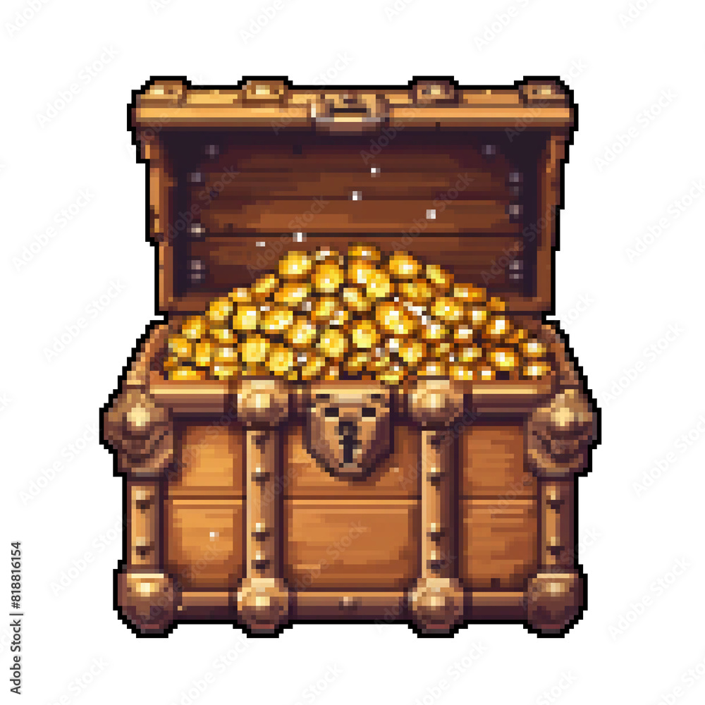 Open Pixel Art Treasure Chest Overflowing with Gold Coins - Retro 8-Bit ...