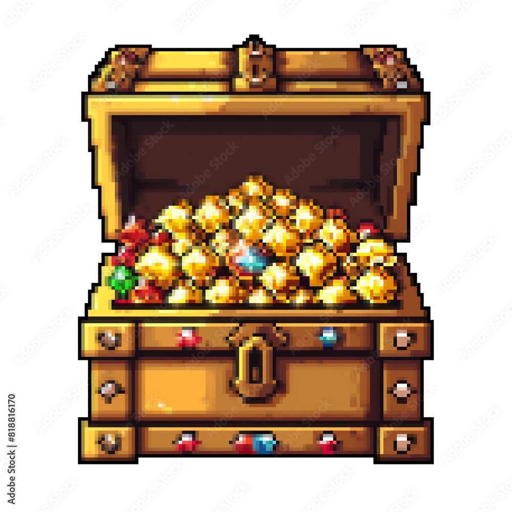 Open Pixel Art Treasure Chest Overflowing with Gold Coins - Retro 8-Bit ...