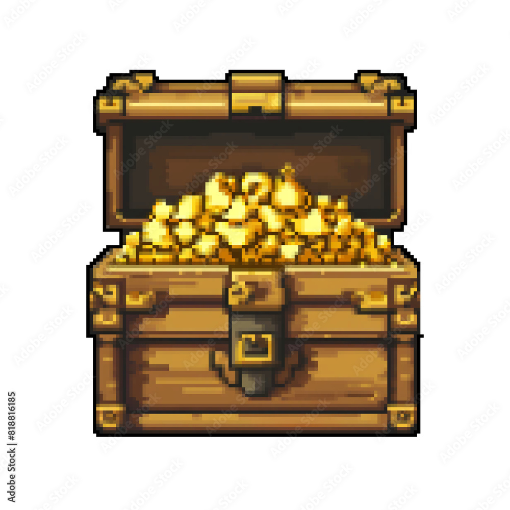 Open Pixel Art Treasure Chest Overflowing with Gold Coins - Retro 8-Bit ...