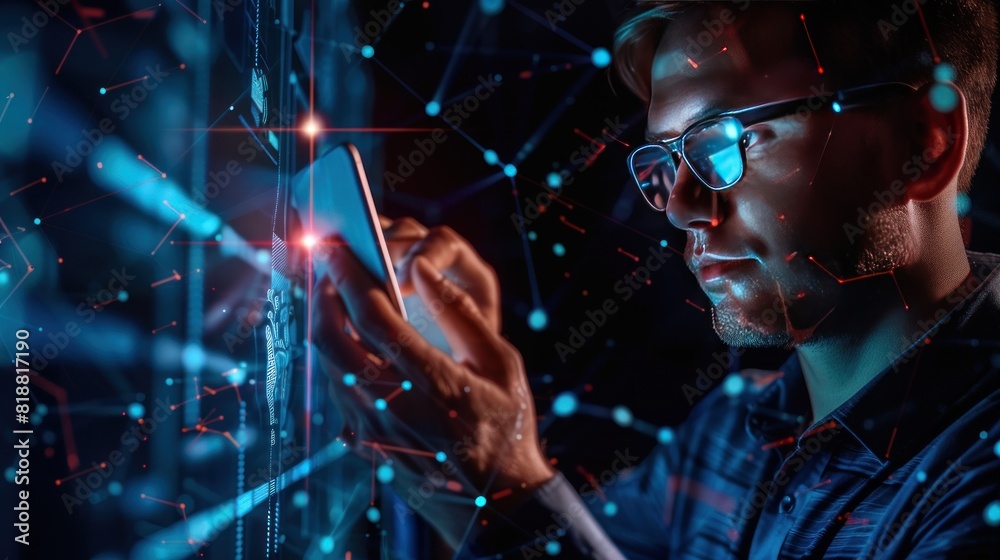 Man scanning her face and fingerprint with futuristic computer screen ...
