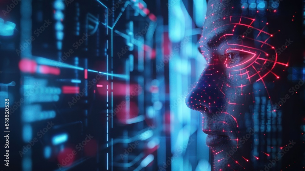 Man scanning her face and fingerprint with futuristic computer screen ...