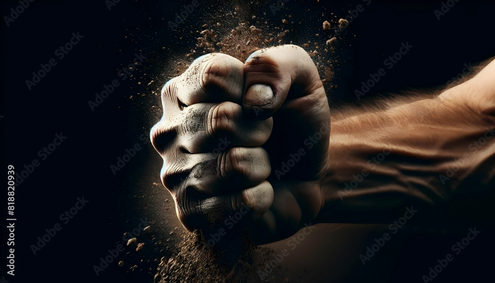 Powerful Fist Clenching Dirt in Dark Background, A muscular hand ...