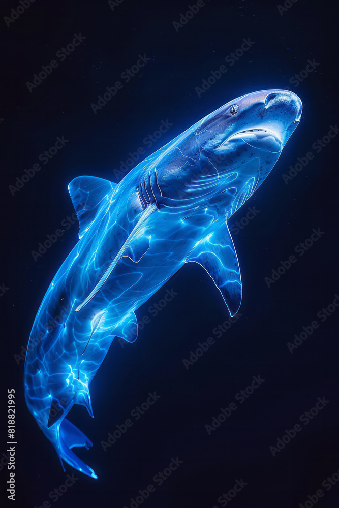 Dynamic image of a shark with sleek, neon blue lines tracing its ...