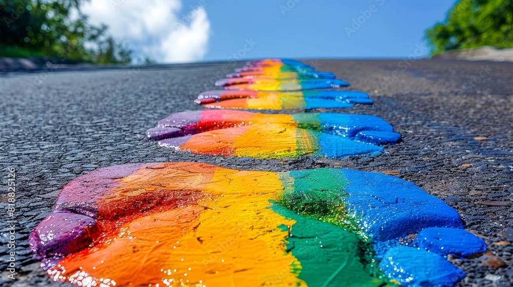 Colorful footprint path painted in rainbow colors leading towards a ...