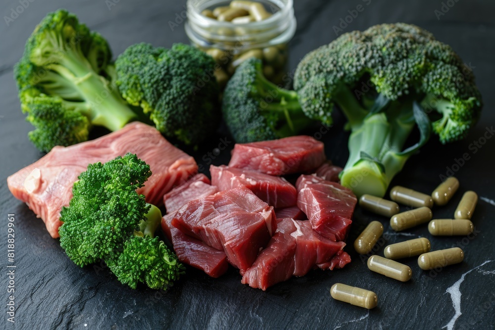 B12 supplement capsules alongside natural sources of the vitamin ...