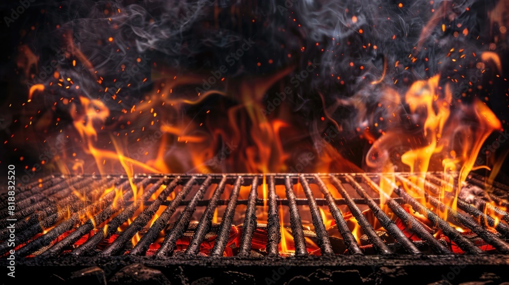 Barbecue Grill With Fire Flames, Empty Fire Grid On Black Background ...