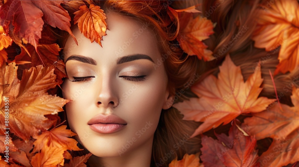 Beautiful woman face covered with Autumn maple laves on hair, ideas for ...