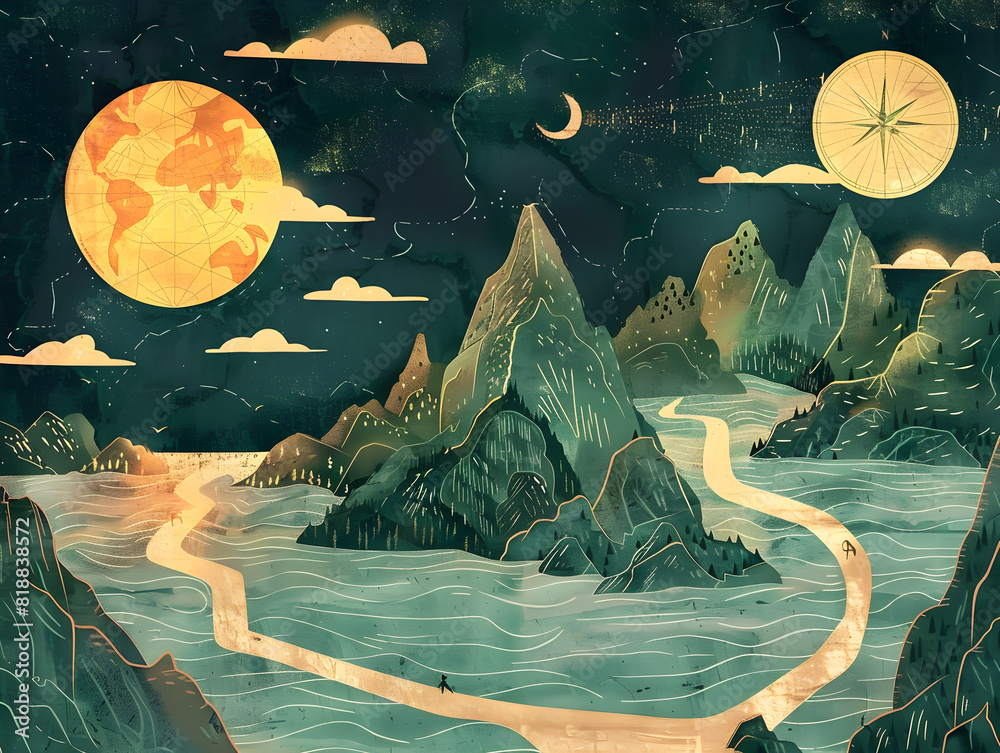 Fantastical Cosmic Landscape Illustration with Celestial Globe, Compass ...