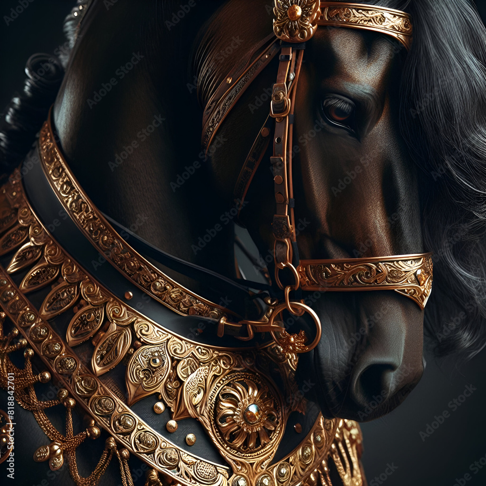 A black horse with a fancy head and neck golddress is shown beauty of ...
