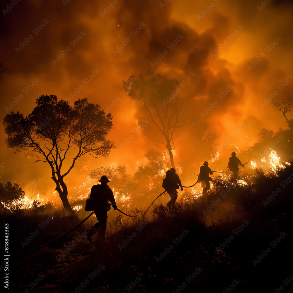 Image of firefighters fighting a forest fire. Depicts dangers and ...