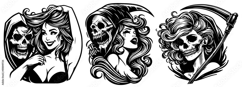 retro pinup girl grim reaper scary halloween horror, , black vector ...