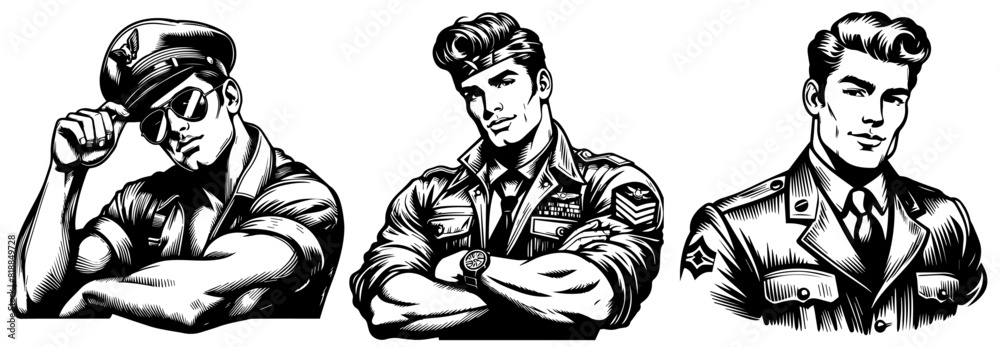 military army soldier pin-up handsome man, pinup men, black vector ...