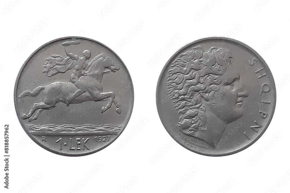 1 Lek 1927 on white background. Coin of Albania. Obverse Alexander the ...