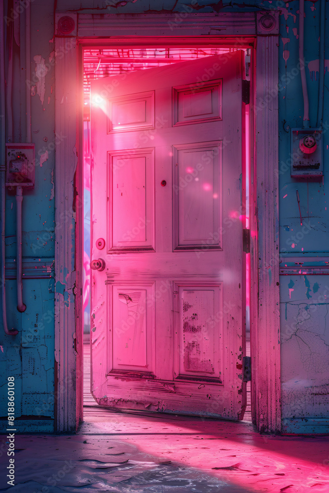 An open pink door. The door is opened in half. There is white light ...