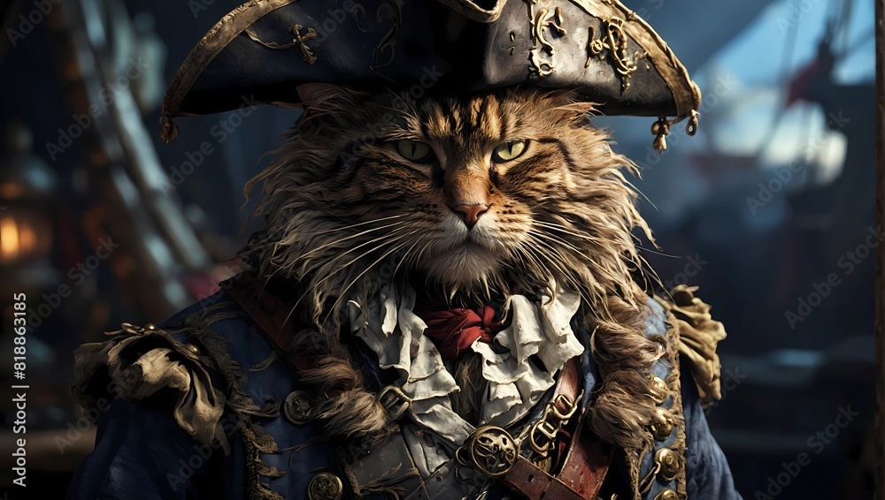 Blackbeard's famous pirate cat wears a pirate outfit. His weathered ...