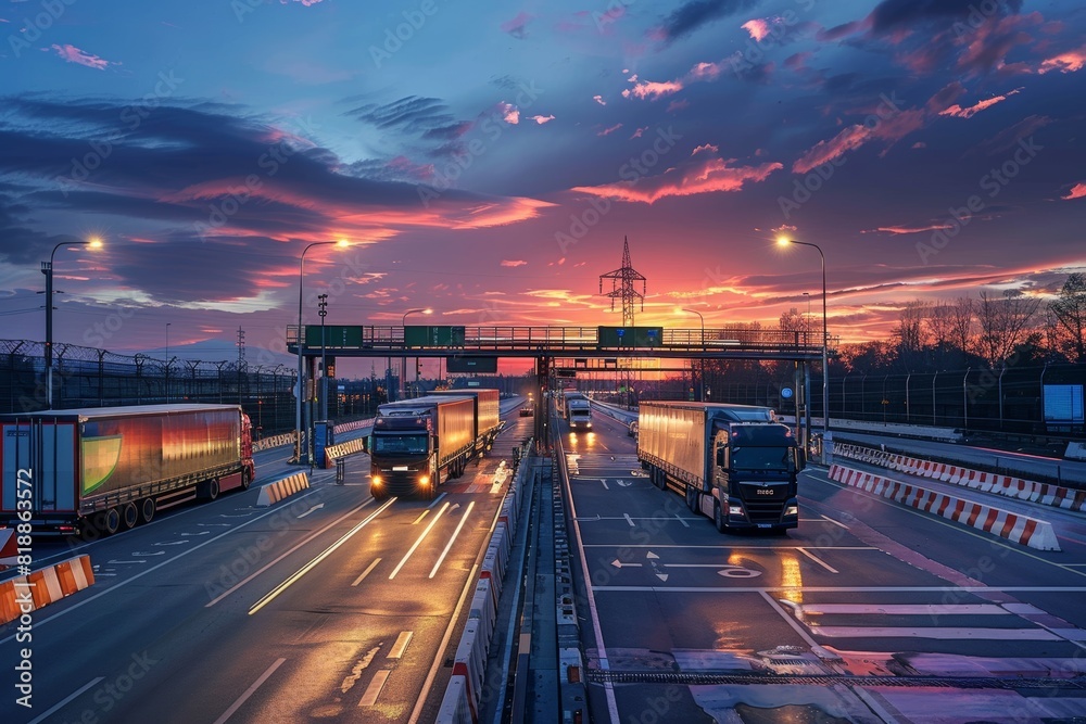 Dynamic Border Crossing Scene with Trucks Awaiting Evening Customs ...