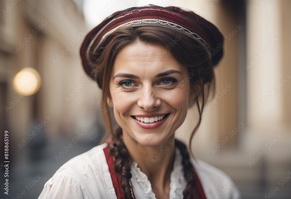 portrait of a French woman in traditional dress with a sincere smile ...
