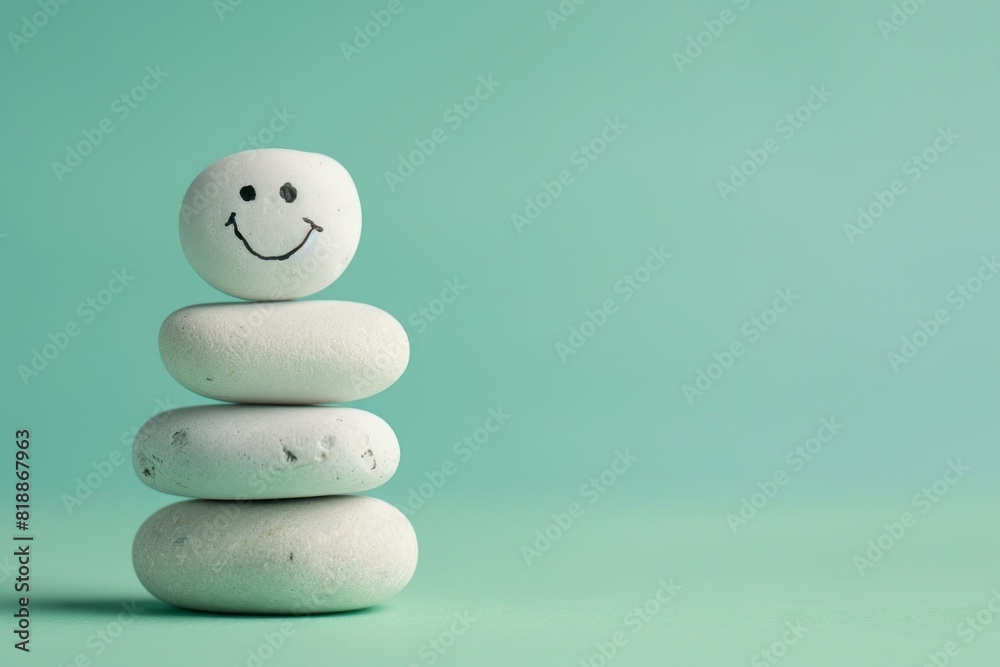 Symbolic smiling face placed on a natural pebble stone. Emotional smile ...