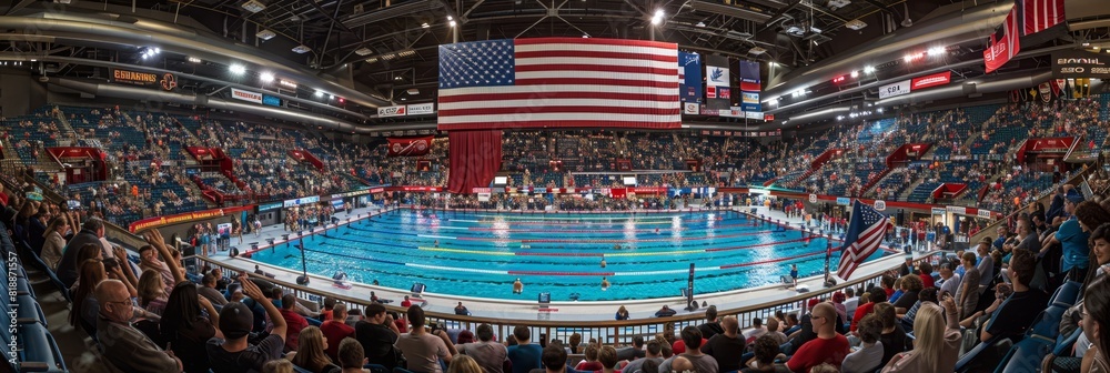 Competitive swim meet start line with swimmers in pool under US flag at ...