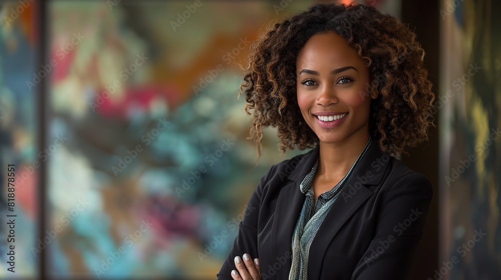 smiling woman strikes a pose with her arms crossed, exuding confidence ...