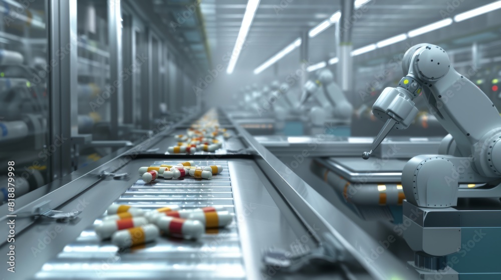 High-Tech Pharmaceutical Manufacturing Facility with Robots Assisting ...