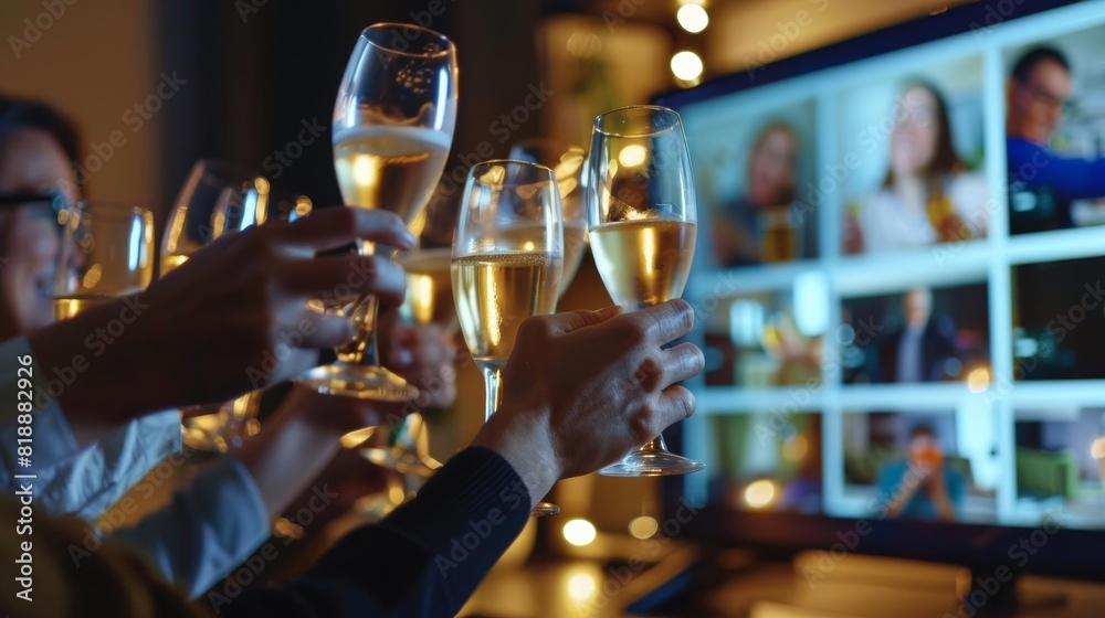 Virtual work anniversary celebration with colleagues on a video call ...