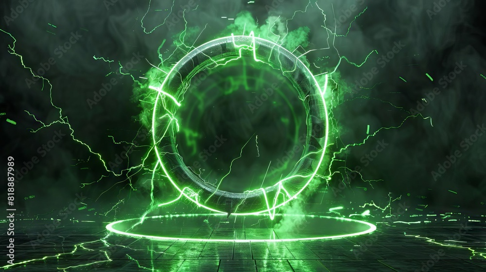 futuristic energy portal with radiant green lightning bolts on ...
